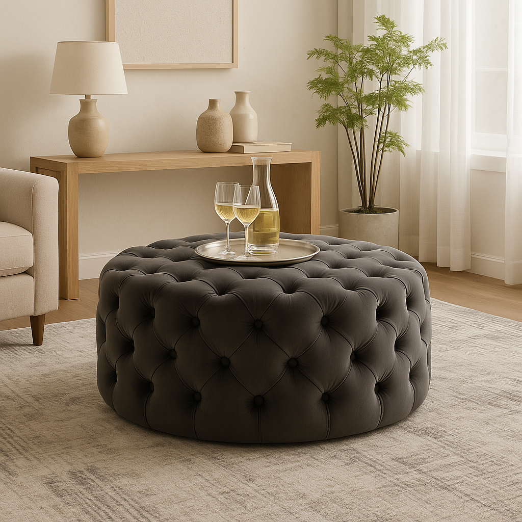 Clark Round Velvet Upholstered Ottoman – Designer Concepts - Furniture ...
